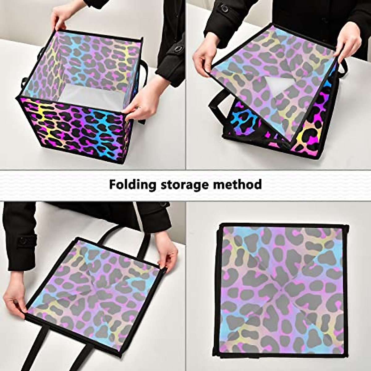 Blueangle Neon Gradient Leopard Print Cube Storage Bin with Handles, 13 x 13 x 13 in, Large Collapsible Organizer Storage Basket for Home Décor（945）