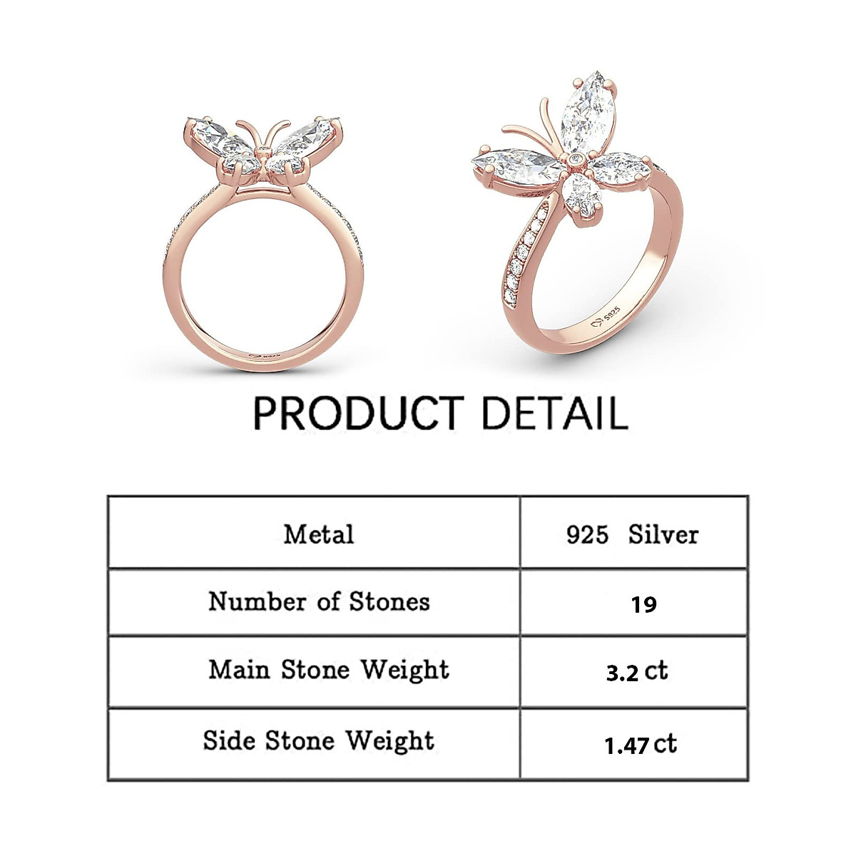 Jeulia Sterling Silver Rose Gold-Plated Butterfly Ring Band for Women Girls Romantic Diamond Jewelry for Her Wedding Birthday Mother's Day Anniversary with Gift Box (Butterfly, 6)
