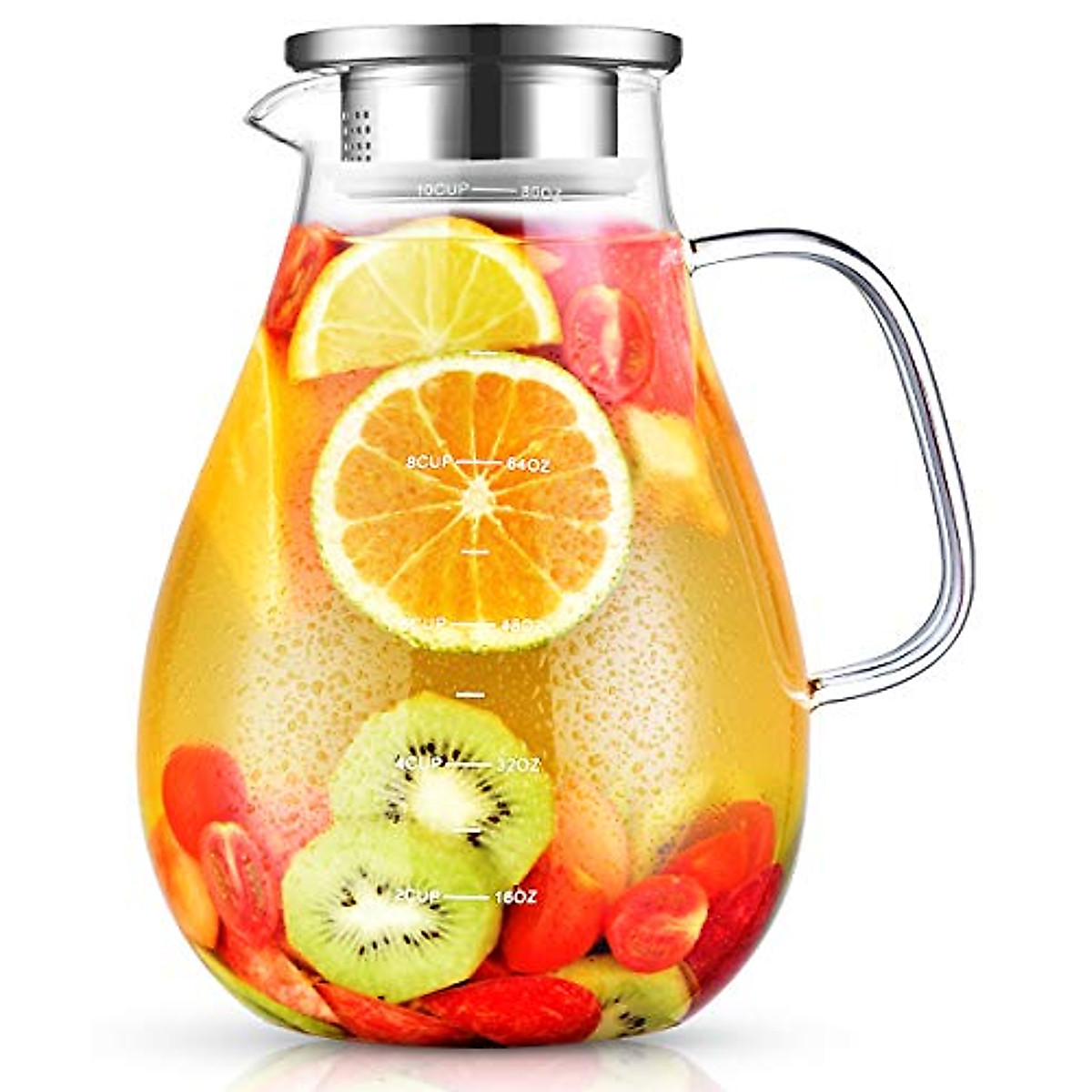 Glass Pitcher, veecom 80oz Water Pitcher with Lid, Large Glass Pitcher with Lid and Spout for Hot&Cold Beverage, Juice, Iced Tea Pitcher for Fridge, Borosilicate Glass Carafe/Jug with Brush
