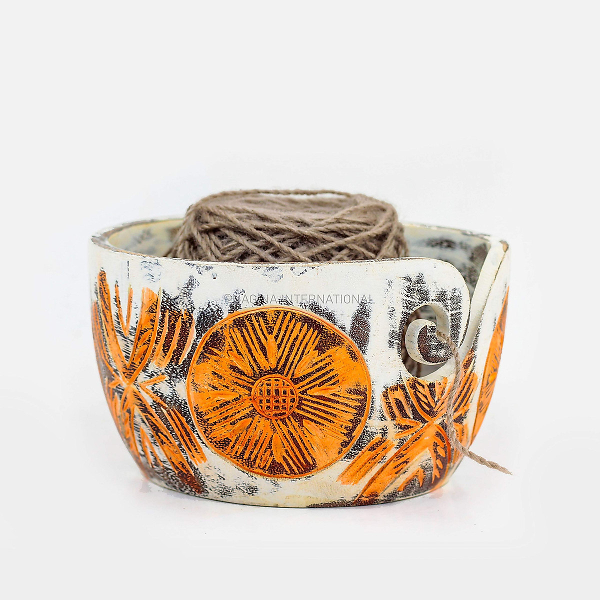 Exquisite Premium Yarn Ball Storage Bowls | Hand Painted Lovely Decor Yet Functional Yarn Dispenser (Large (7 x 4 x 7 Inches), Almond Brown)