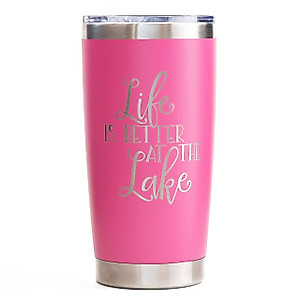 Life is Better at the Lake Coffee Mug Tumbler, Lake House Gifts, 20oz Stainless Steel, RV Travel Mug (Pink)