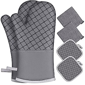 IXO 6Pcs Oven Mitts and Pot Holders, Oven Glove Heat Resistant 500℉ with Kitchen Towels Kitchen Mitts and Pot Holder Soft Cotton Lining and Non-Slip Silicone Surface for Baking, Cooking, BBQ(Grey)