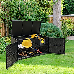 HAPPYGRILL Deck Box Outdoor Wicker Storage Box Cabinet, 88 Gallon Patio Rattan Storage Container Bin Box for Furniture Tools in Garden Balcony Porch Yard