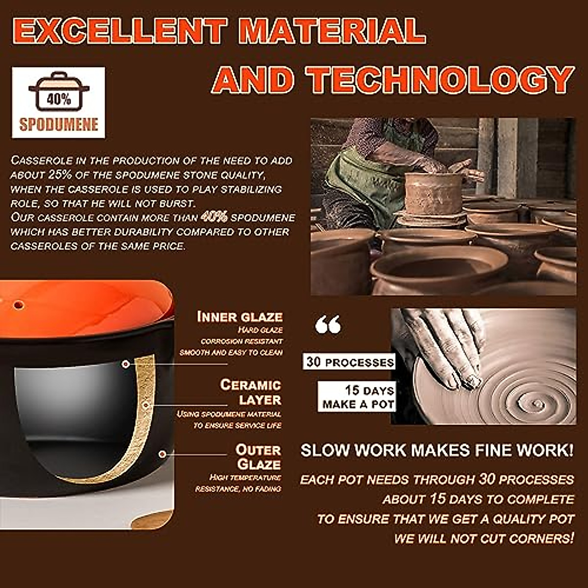 Aroplor Casserole Clay Pot Premium Ceramic Bowls With Lid Heat-Resistant Cooking Nonstick Stock Pot Soup Pot Cookware Stovetop Easy To Clean(Orange 2.65Quart,2500ml)2~6 People (Oranger)