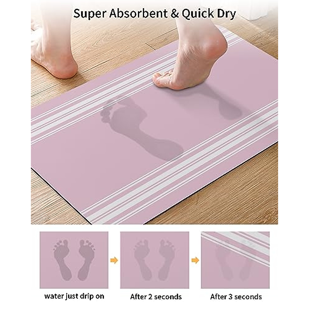 Pink Blush Striped Bath Mat for Tub,Non Slip Bathroom Floor Runner Rug Quick Dry & Absorbent Diatomaceous Earth Kitchen Shower Sink Washable Doormat,Contemporary Geometric Line Minimalist Art 16"x24"