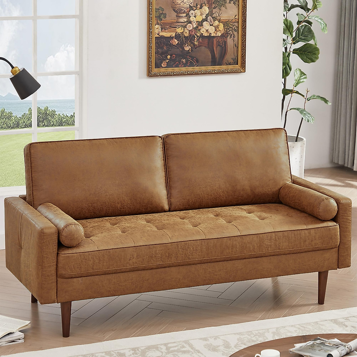 HIFIT Sofa Couch Set for Living Room, Mid Century Modern Faux Leather Sofa with Deep Love Seat & Fluffy Cushion, Living Room Furniture Sets, Small Sectional Couch for Bedroom/Office/Small Space, Brown