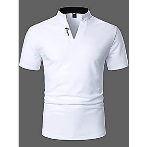 SheIn Men's Contrast Collar Short Sleeve Golf Polo Shirt Button Up Regular Fit T Shirts V Cut White XXL