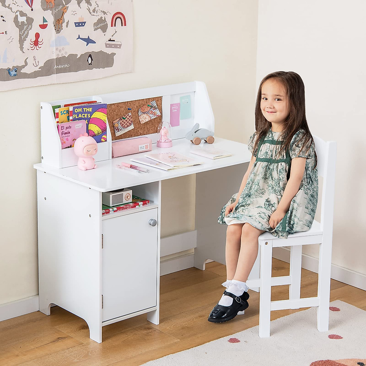 Costzon Kids Desk and Chair Set, Wooden Children Study Table with Storage, Hutch, Cork Bulletin Board, Whiteboard & Marker, Student Computer Workstation Writing Desk for Kids Bedroom, School, White