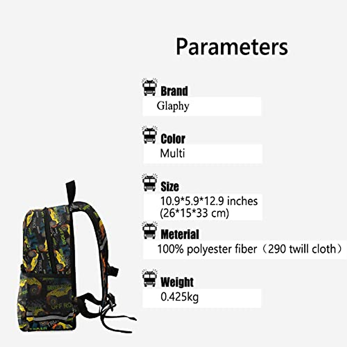 Glaphy Monster Truck Cars Retro Kids Toddler Backpack for Boys Girls, Children Bag Preschool Bookbag with Chest Strap for Daycare Kindergarten Travel