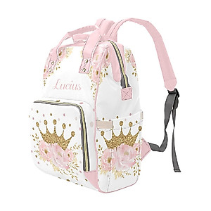 Yeshop Pink Floral Gold Crown Princess Personalized Diaper Bag Backpack Tote with Name,Custom Travel Nappy Mommy Bag Backpack for Baby Girl Boy Gift,10.83 Inch * 6.69 Inch * 15 Inch