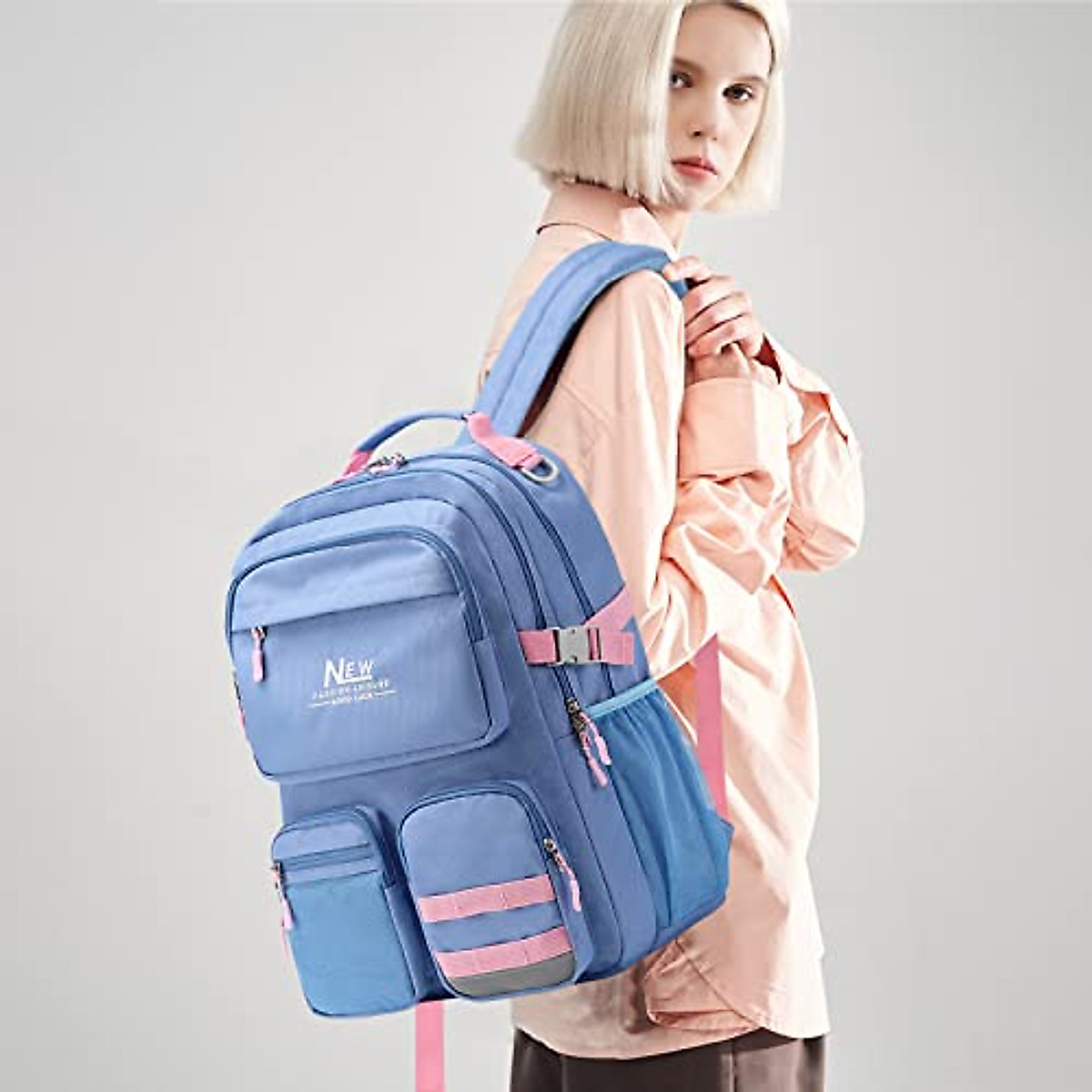 El-fmly Big School Backpack Bookbag for Teen Students, Multi Pockets Water Resistant Casual Daypack with 15.6 inch Laptop pocket for Travel (Grey Blue)