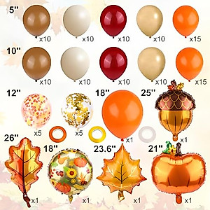 129pcs Fall Confetti Balloons, Huge Pumpkin Maple Pine Leaf Aluminum Foil Balloons Orange Brown Helium Latex Balloons for Birthday, Baby Shower, Thanksgiving, Friendsgiving Party Decorations Supplies