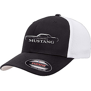 1964 Ford Mustang Hardtop Outline Design Flexfit Trucker Mesh Fitted Cap Black/White