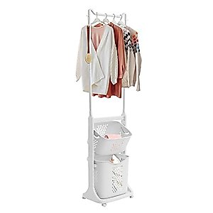 Laundry Cart with Wheels and Hanging Rack Rolling Laundry Basket with Clothes Rack Laundry Butler with Wire Storage Rack Coat Rack for Bedroom Hallway Laundry