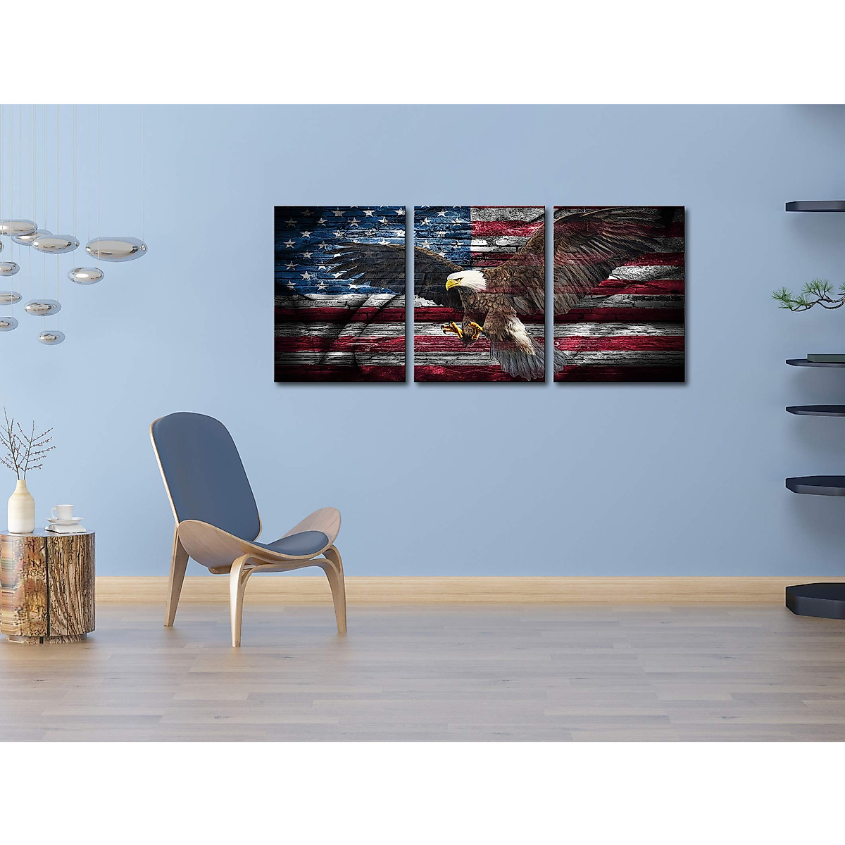 KALAWA American Flag Wall Art Eagle Canvas Independence Day Artwork Red White Blue Painting Patriotic Concept Wall Decor the USA Flag Home Decor 3 Panels Print for Living Room Framed Ready to Hang