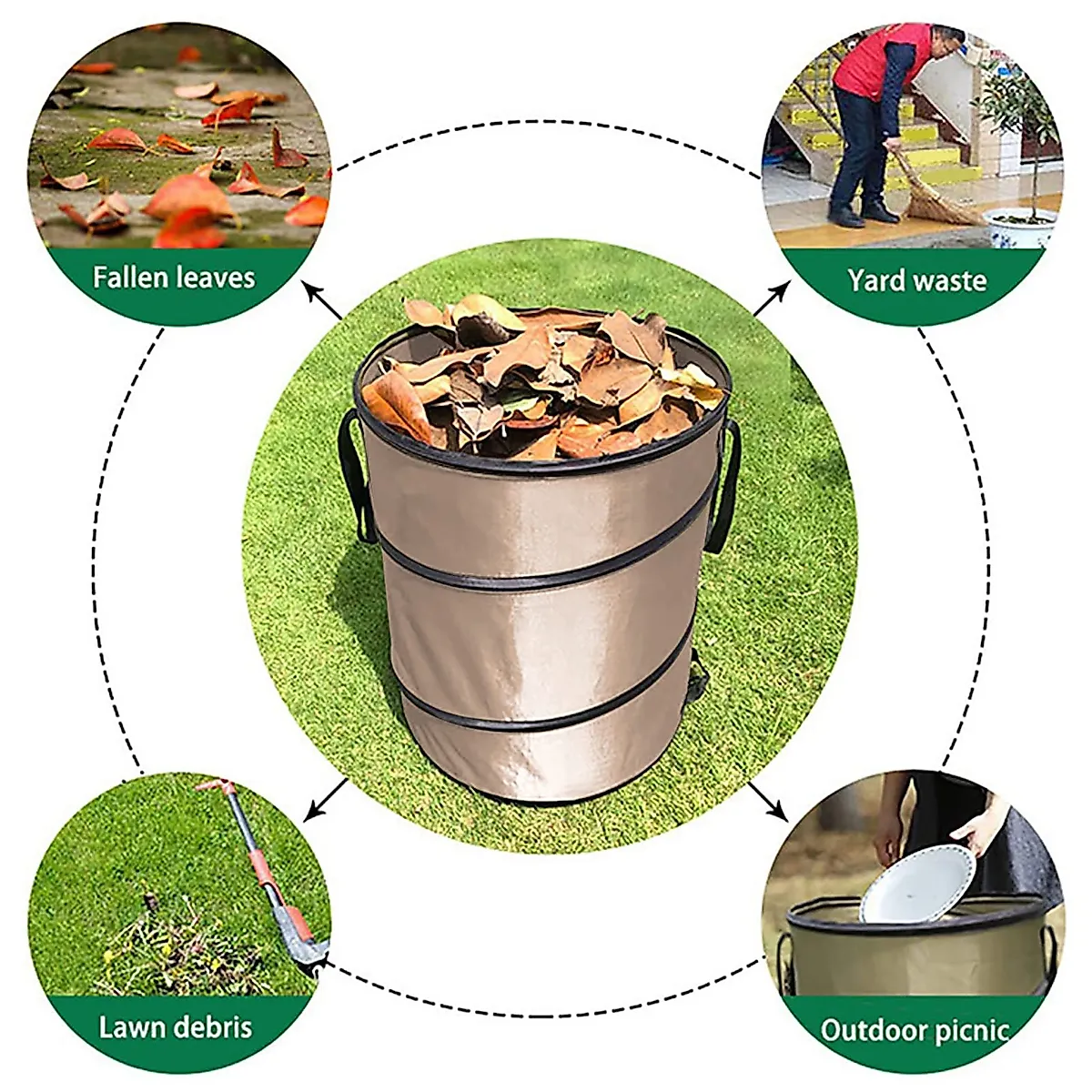 Lawn and Leaf Bags, Collapsible Trash Can, 37.8L Portable Camping Trash Can with Handle Locking Design Pop up Trash Can for Collecting Weeds Grass Clippings and other Types of Yard Waste
