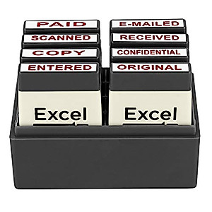 ExcelMark Mini Office Message Rubber Stamp Set - Red Ink - Storage Tray Included