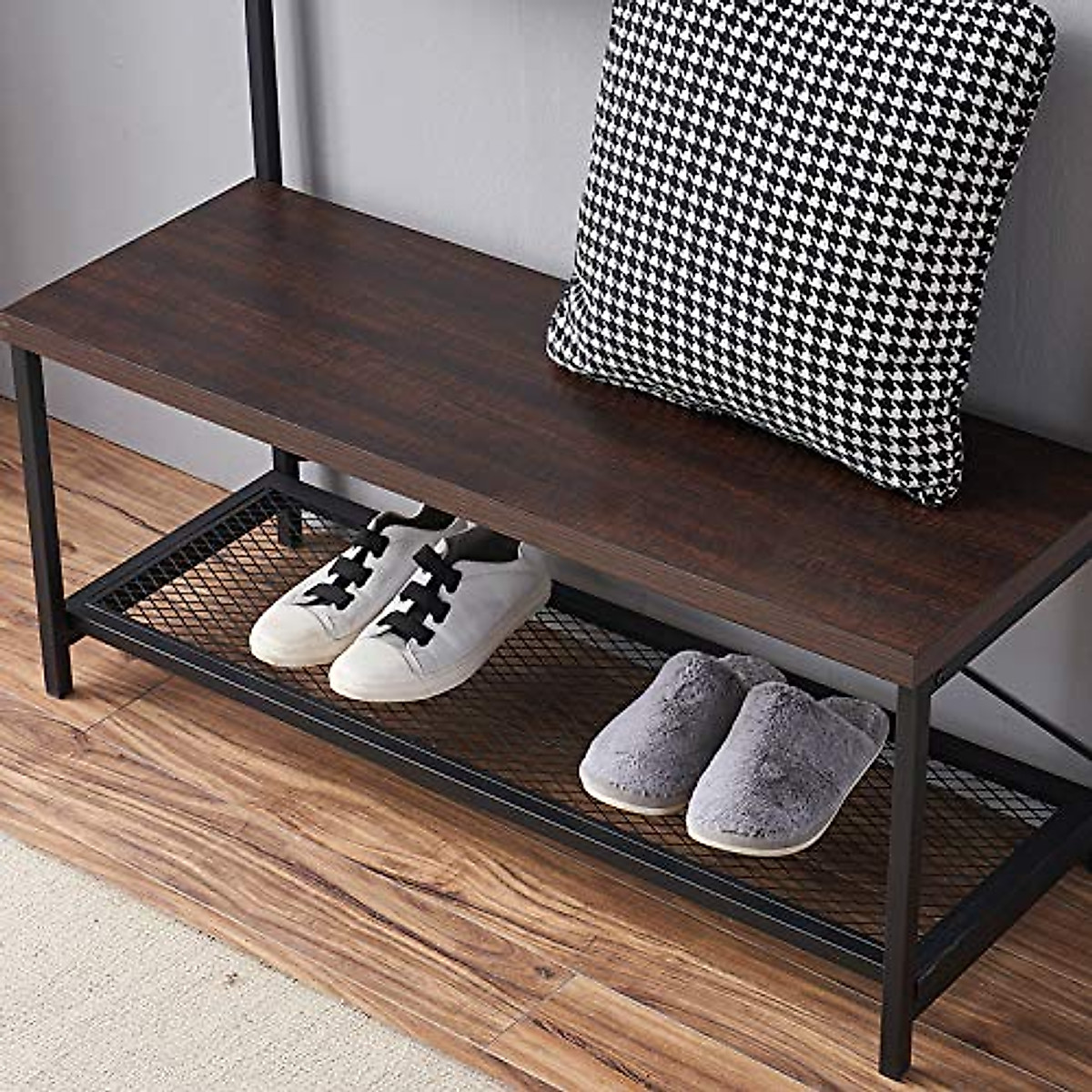 Entryway Coat Rack Bench, Modern Hall Tree with Storage Bench, Wood and Metal Hallway Bench with Coat Rack, 39x70 Inch Espresso