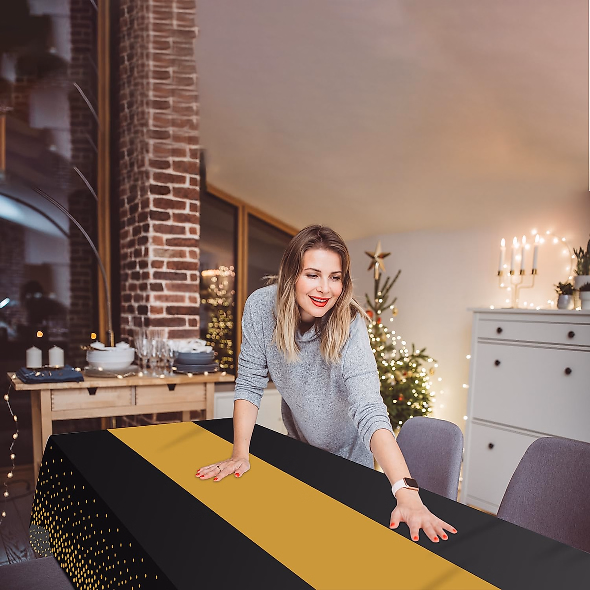 byojia 4 Pack 2in1 Disposable Plastic Tablecloths 54" x 108" Black and Gold Dot Kitchen Table Cloth Rectangle Table Cover for Wedding Birthday Baby Shower Anniversary Christmas Graduation