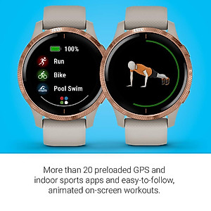 Garmin Venu - GPS Smartwatch with Bright Touchscreen Display - Music, Body Energy Monitoring, Animated Workouts, Pulse Ox Sensor and More - Rose Gold with Tan Band (Renewed)