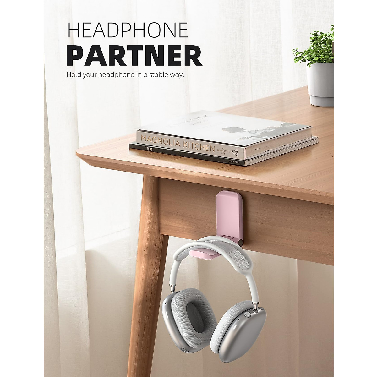 Lamicall Headphone Stand, Sticky Headset Hanger - Adhesive Headphone Holder Hook Mount, Headset Stand Holder Clip Under Desk, Earphone Clamp for Airpods Max, HyperX, Sennheiser, Pink
