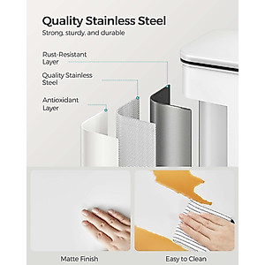 SONGMICS Kitchen Trash Can, 10.5 Gallon (40 L) Garbage Can, Large Step Trash Bin with Lid, Stainless Steel, Soft Close, 15 Trash Bags Included, White ULTB540W40