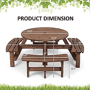 Tangkula 8 Person Wood Picnic Table, Outdoor Round Picnic Table with 4 Built-in Benches, Umbrella Hole, Outside Table and Bench Set for Garden, Backyard, Porch, Patio, 500lbs Capacity Per Bench