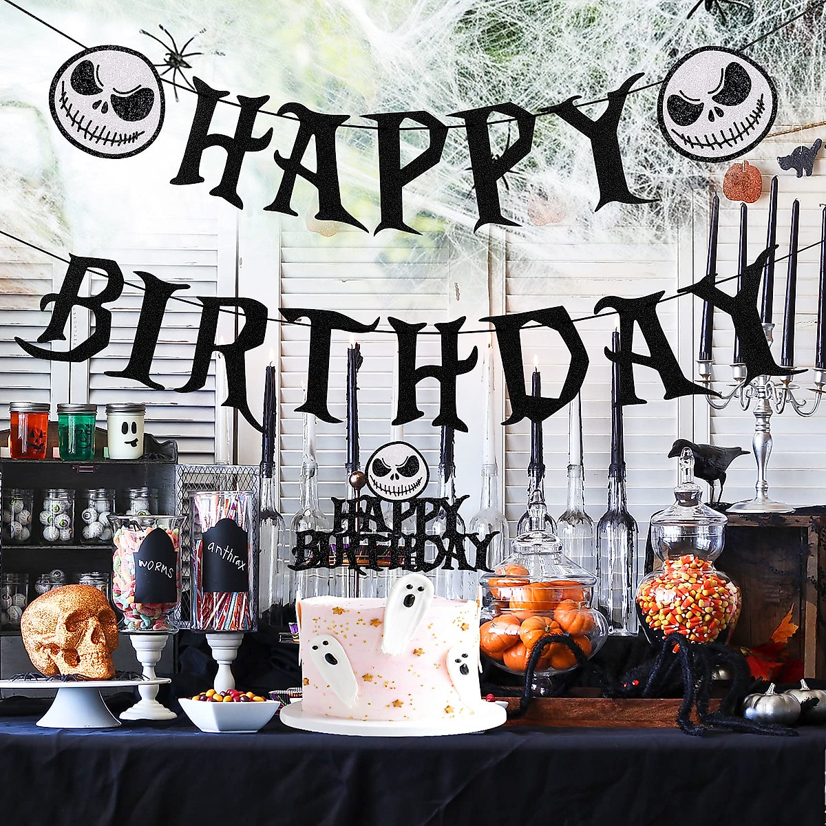 Jack Skellington Birthday Banner and Horrible Movie Cake Topper for Nightmare Before Christmas Birthday Party Decorations Horrible Movie Birthday Decorations Halloween Birthday Party Supplies