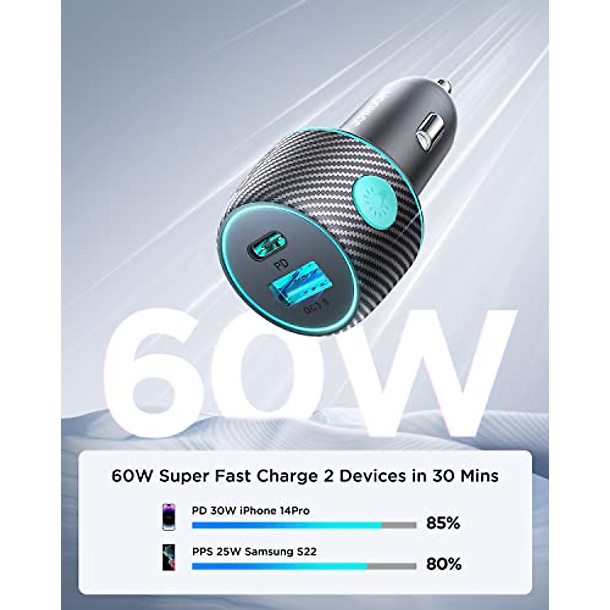 USB C Car Charger, 60W 2-Port Super Fast Car Charger Adapter, JOYROOM PD 30W & QC 30W & PPS 25W Fast Car Charger for iPhone 14/13/12, iPad Pro, Samsung Galaxy S22/21/Pixel 7/Moto/LG,7 Color Modes