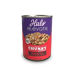Halo Elevate Wet Dog Food, Kettle Cooked Chunky Healthy Grains Duck & Beef Stew with Carrots, White Potatoes & Brown Rice, 12.7oz (Pack of 6)