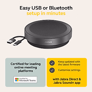 Jabra Speak2 75 Wireless Bluetooth Speakerphone - Portable Speaker with 4 Noise-Cancelling Mics, 65mm Full-Range Speakers & USB-A Bluetooth Adapter - Certified Microsoft Teams Speaker - Dark Grey