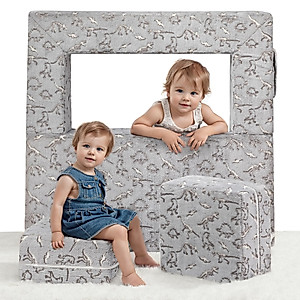 ALIMORDEN 3-in-1 Modular Toddler Couch, Glow-in-The-Dark Dinosaurs Flip Out Kids Couch, Nugget Couch with Two Ottomans and Side Pocket for Boys and Girls, Grey