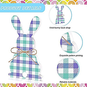 5 Pcs Easter Bunny Table Wooden Signs Buffalo Plaid Spring Bunny Centerpiece Tabletop Rabbit Easter Party Wood Ornament Reversible Dining Room Double Printed Freestanding Table Decor with Rope