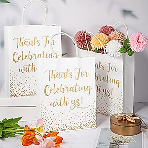 Queekay 80 Pcs Gold Wedding Welcome Bags for Hotel Guests Bulk Thanks for Celebrating with Us Paper Bags Gold Foil Kraft Paper Bags with Handles for Wedding, Baby Shower, Birthday (10 x 8 x 3 Inch)