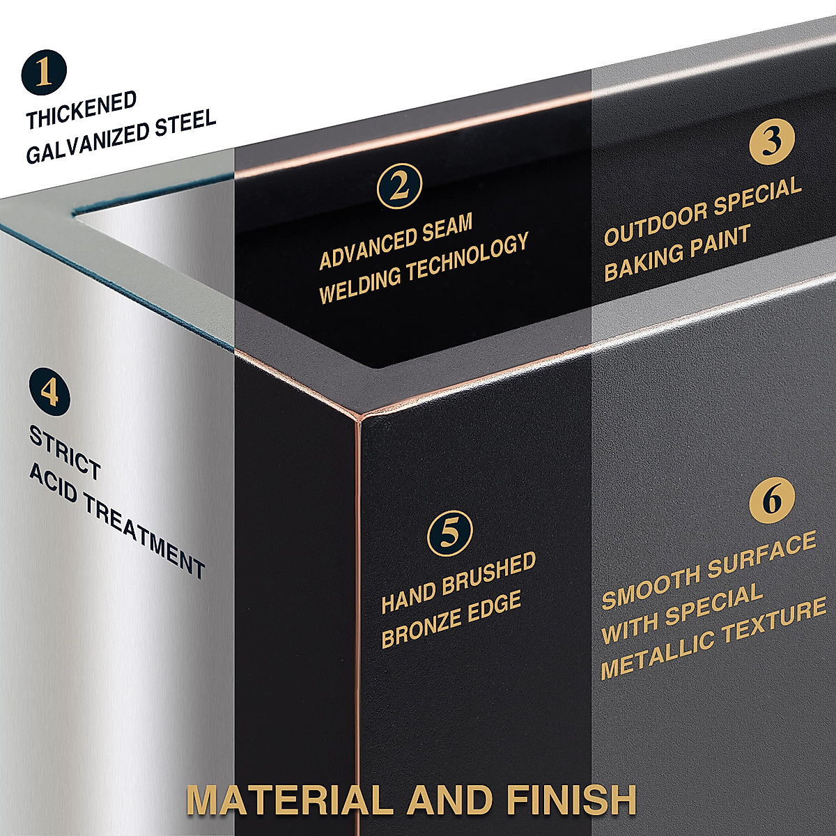 Wallowa Metallic Heavy Planter for Outdoor Plants, 38Lx10Wx30H Inches Tall and Long Metal Divider Planter Box with Hand Brushed Gold Edge for Outside & Indoor, 66 Pounds (Black)