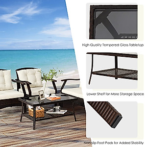 Tangkula 4 Pieces Outdoor Rattan Furniture Set, Patiojoy Outdoor Wicker Sofa Set with Tempered Glass Coffee Table, Loveseat, 2 Single Sofas, Sectional Sofa Set with Waterproof Cover