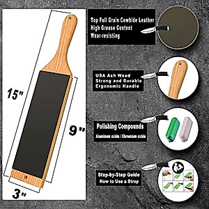 LAVODA Leather Strop Paddle for Knife Sharpening with Polishing Compound 3" by 15" Large Double Sided Stropping Kit -Knife Strop Stropping Block and Stropping Compound for Honing Woodworking