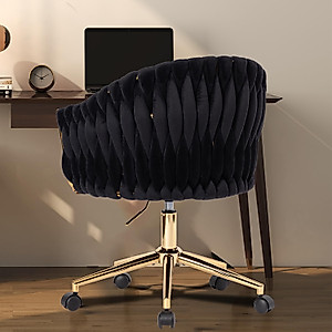 linting Velvet Accent Chair Home Office Desk Chairs with Wheels Modern Mid Back Swivel Vanity Chair Armchair, Adjustable Makeup Chair (Black)