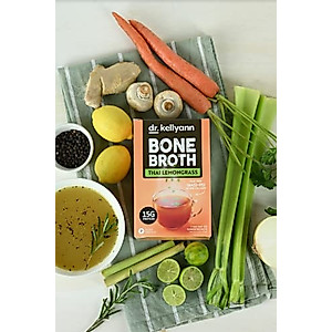 Dr. Kellyann Bone Broth Collagen Powder Packets (7 Servings, 1 Box) - Thai Lemongrass, 16g Protein/Serving, 100% Grass-Fed Hydrolyzed Collagen Powder, Keto & Paleo Friendly