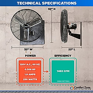 Comfort Zone CZHVW30EX 30” 2-Speed Oscillating High Velocity Industrial Wall Fan, All-Metal Construction, Adjustable Tilt, Steel Mounting Bracket with Adjustable Angle, Aluminum Blades, Black