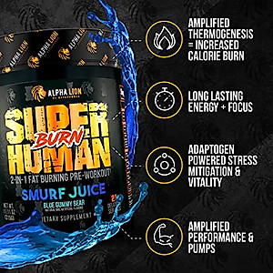 ALPHA LION Superhuman Burn 2-in-1 Metabolism Booster Pre Workout, Weight Loss Supplement, Appetite Suppressant, Fat Loss Support, Energy & Focus Powder (21 Servings, Blue Gummy Bear Flavor)
