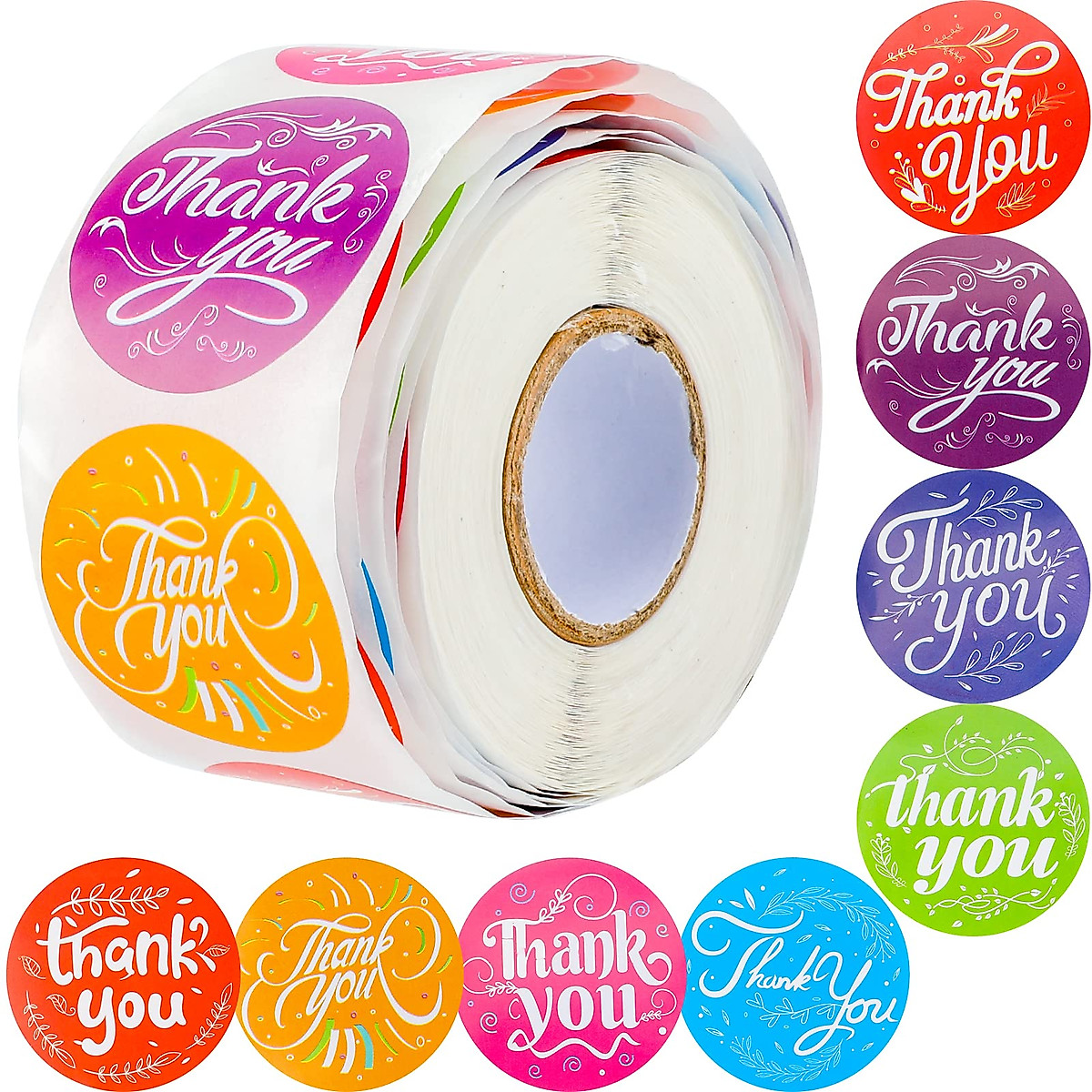 Qpout Thank You Stickers 1.5 inch, Colorful Thank You Stickers, 500 Pieces Thank You Stickers Small Business, Thank You Stickers for Packaging, Red Green Blue Orange Purple Thank You Sticker, 1 Roll