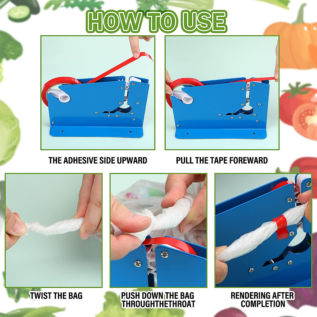 12 Packs Bag Tape Sealer, 3/8 Inch Poly Bag Sealer Tape, Plastic Tape Bag Sealer for Bags Package Vegetables Meat Cake Icing Packaging and Sealing (Red, 66yd)