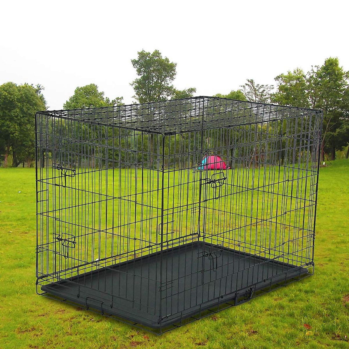 Dog Crate Large Foldable Dog Kennel Metal Wire Pet Dog Cage with Double-Door Leak-Proof Tray Divider Panel and Handle for Dog Cat Pet,Black (42")