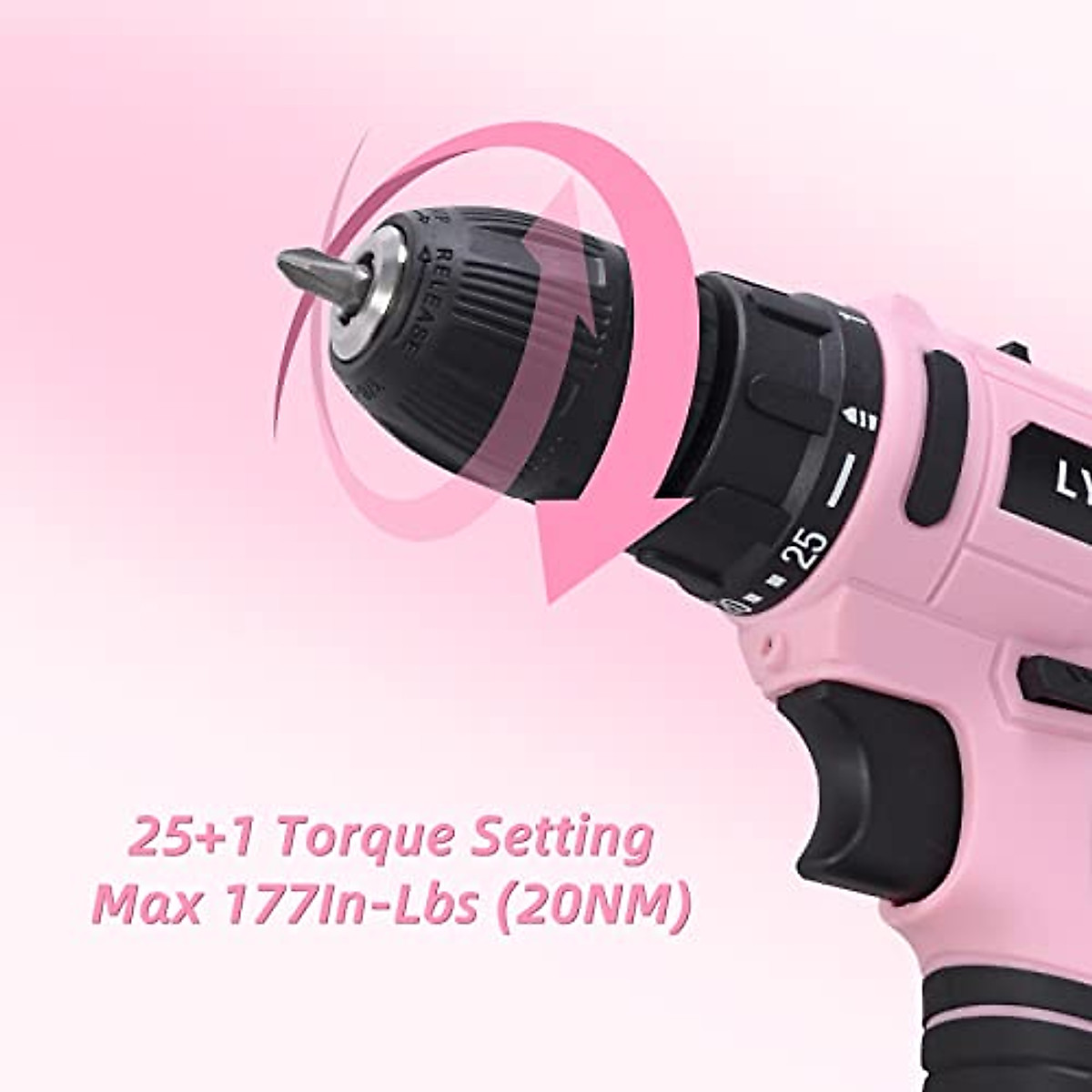 LYERCW 12V Cordless Drill, Pink Electric Drill Driver Set with 21Pcs Driver/Drill Bits, 25+1 Torque Setting, 3/8" Keyless Chuck, 2 Variable Speed, LED Light, Storage Bag