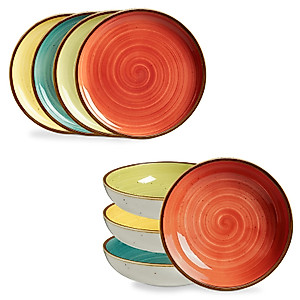 ONEMORE 10.5 inch Dinner Plates and 30 oz Pasta Bowls Bundle - Microwave, Oven and Dishwasher Safe - Assorted Color