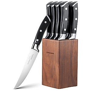 OAKSWARE Steak Knives Set of 8 with Walnut Block, 5 inch Non Serrated Steak Knife Set, 8 Pieces Straight Edge Kitchen Steak Knives - Forged German Steel - Full Tang Handle