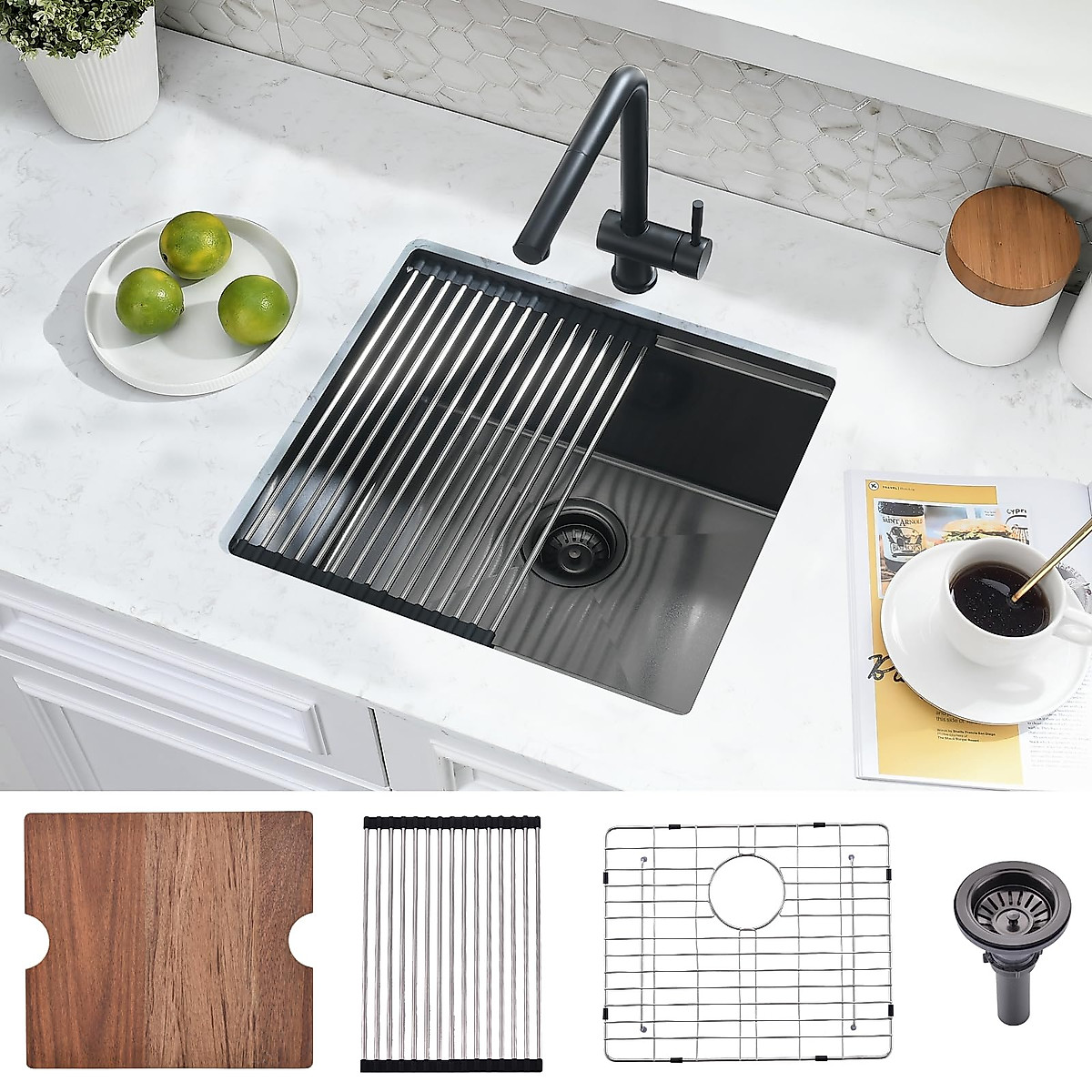 SOMRXO 20x18 Inch Undermount Workstation Bar Sink - 16-Gauge Gunmetal Black Stainless Steel, Single Bowl Compact Design for Outdoor, RV & Small Kitchens