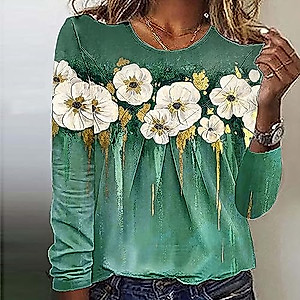 Lightning Deals Womens Business Casual Tops Crewneck Long Sleeve Cute Flower Print Vintage t Shirts Ruched Going Out Casual Tees Green M