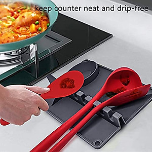 [3 Packs] Silicone Spoon Rest with Drip Pad for Multiple Utensils, Thrivet Mat [2 Packs], Upgraded Large Spoon Rest for Kitchen Counter, Heat Resistant Utensil Rest, Spatulas Rest for Cooking,Gray